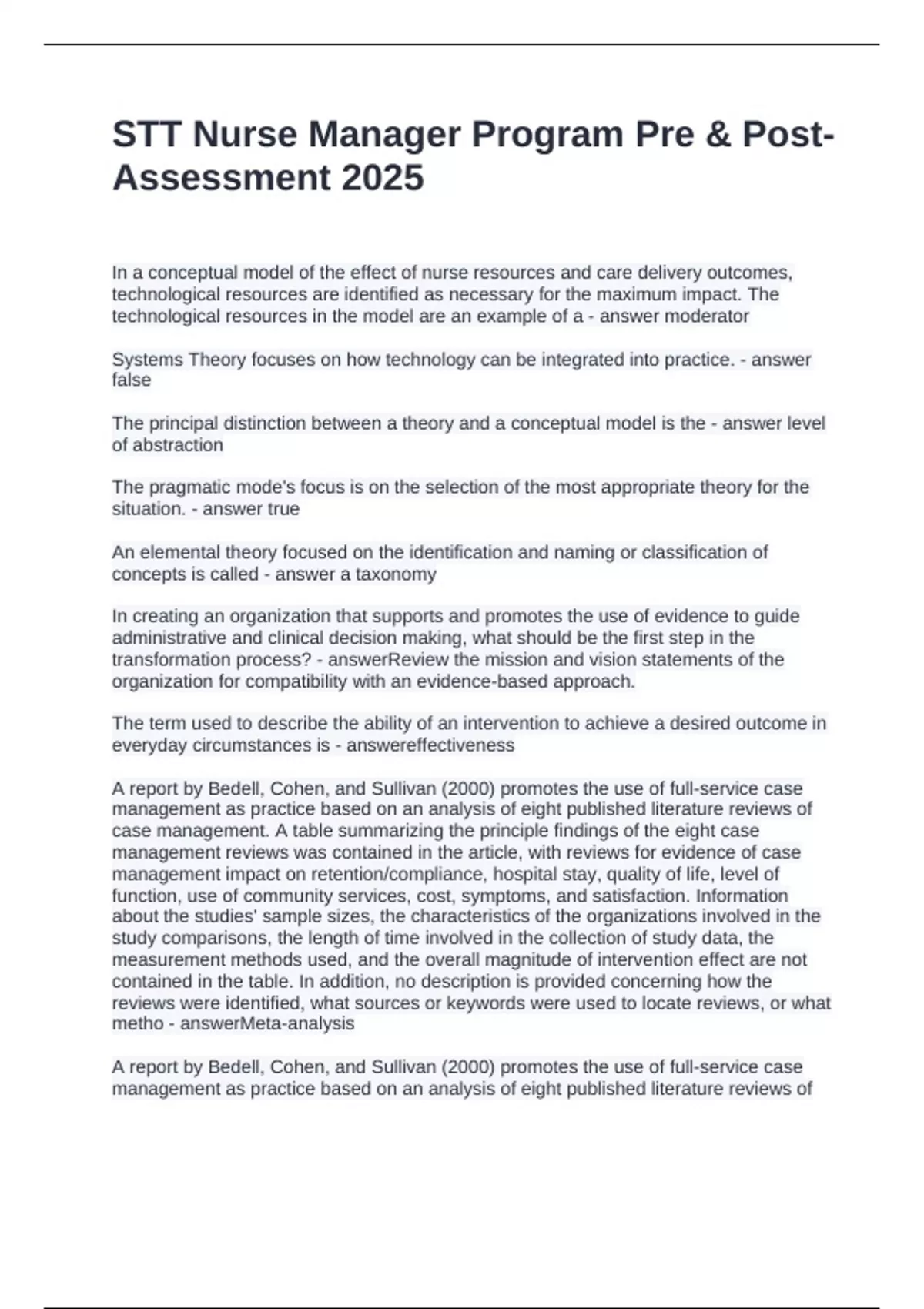 STT Nurse Manager Program Pre & Post-Assessment 2025 Questions and ...