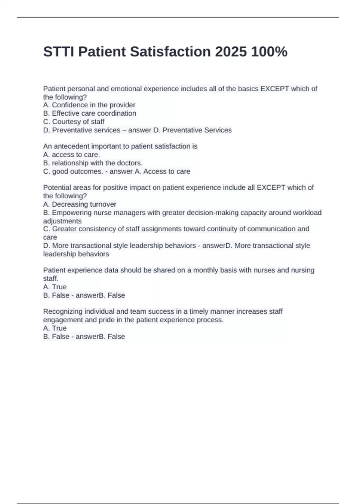STTI Patient Satisfaction 2025 100- Questions and Answers Correct ...