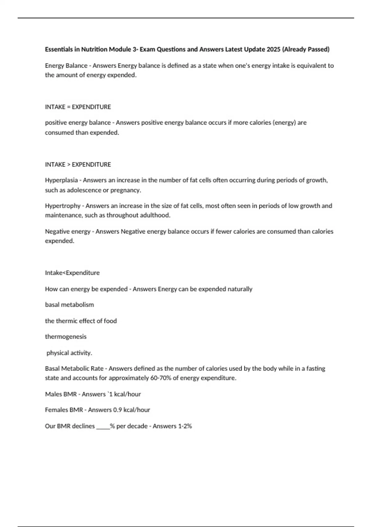 Essentials in Nutrition Module 3- Exam Questions and Answers Latest ...