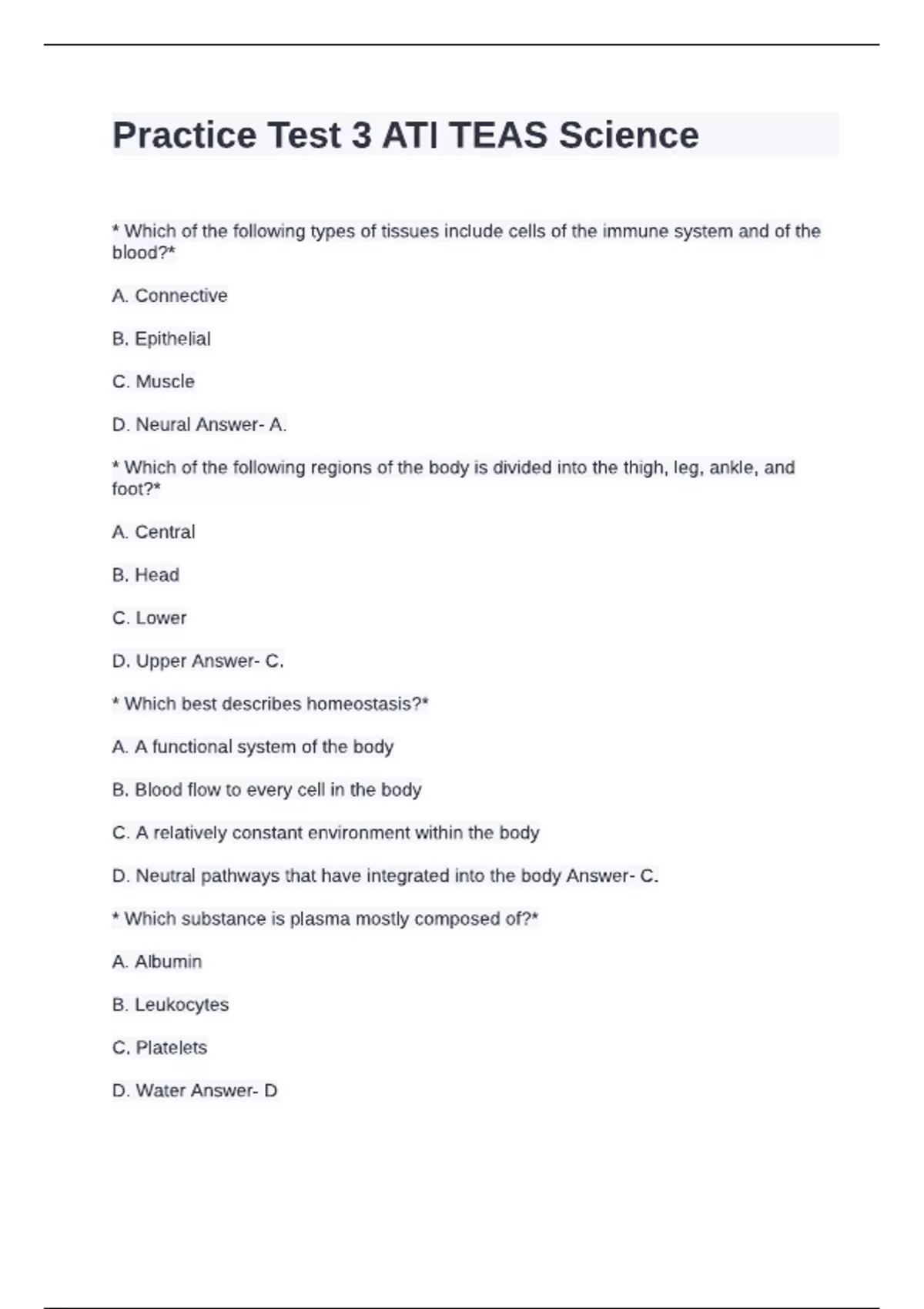 Practice Test 3 ATI TEAS Science - Advance nursing - Stuvia US