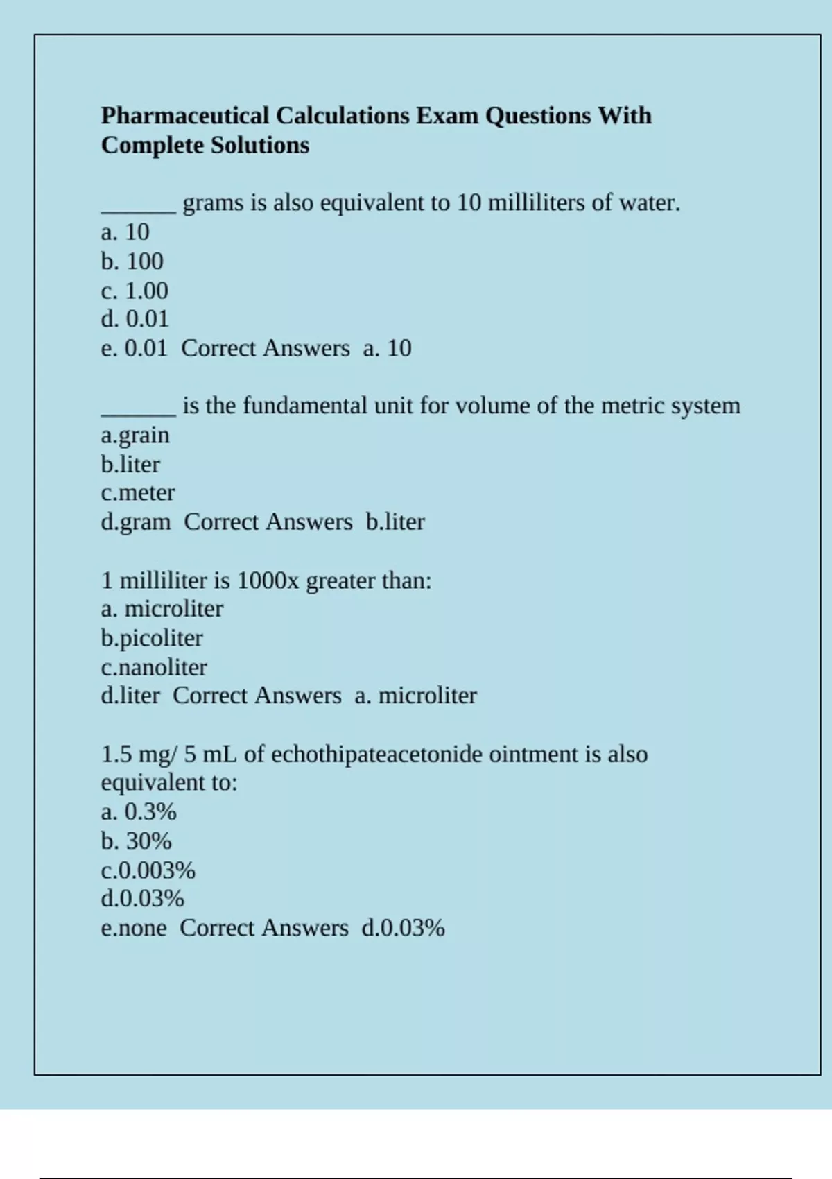 Pharmaceutical Calculations Exam Questions With Complete Solutions ...