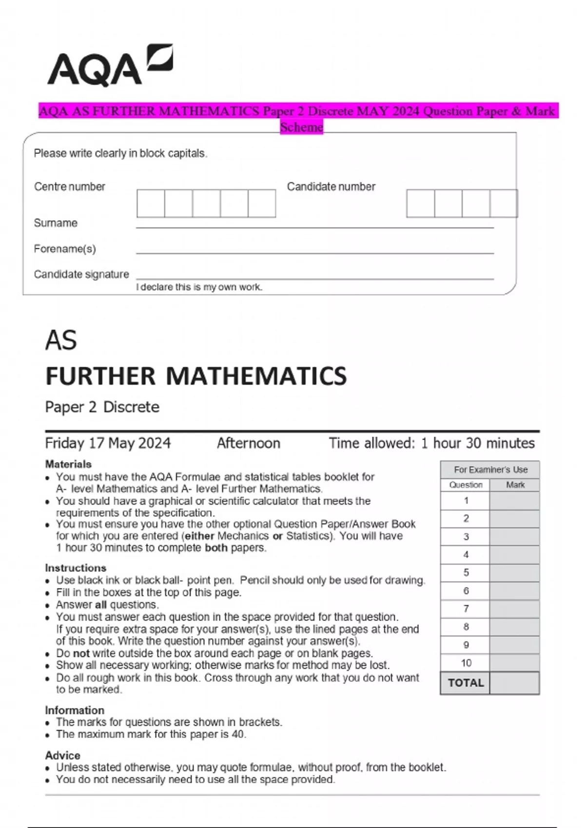 AQA AS FURTHER MATHEMATICS Paper 2 Discrete MAY 2024 Question Paper ...
