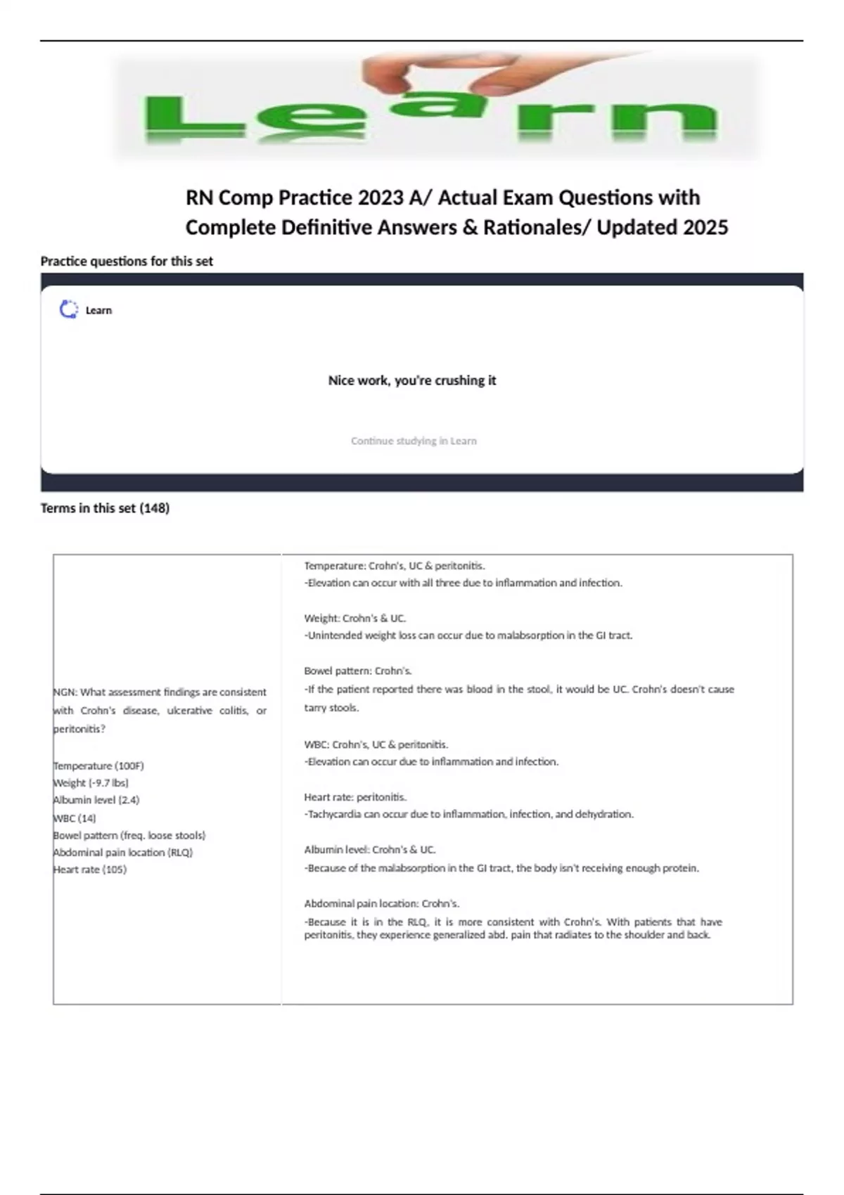 RN Comp Practice 2023 A/ Actual Exam Questions with Complete Definitive Answers & Rationales ...