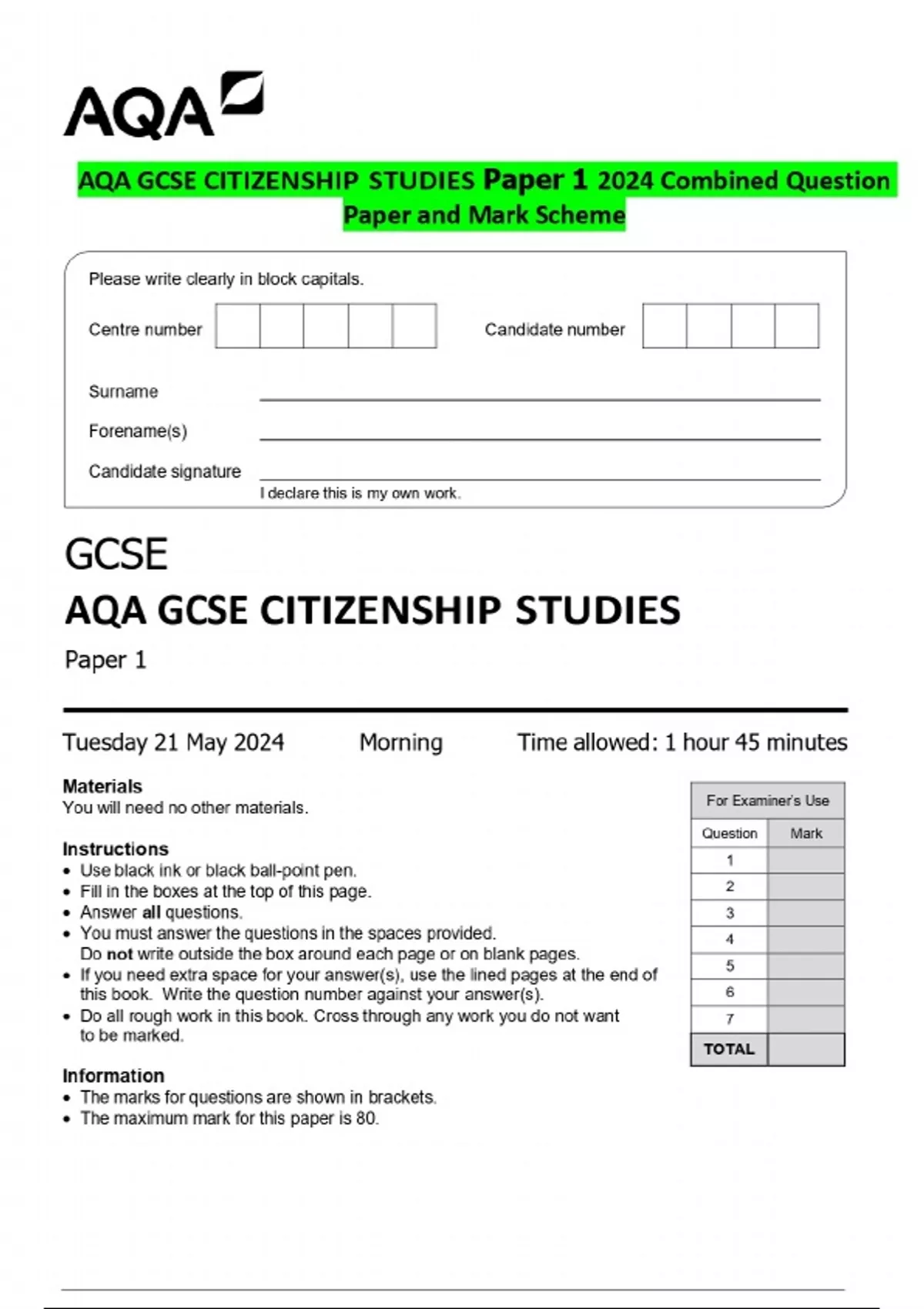 AQA GCSE CITIZENSHIP STUDIES Paper 1 2024 Combined Question Paper and ...