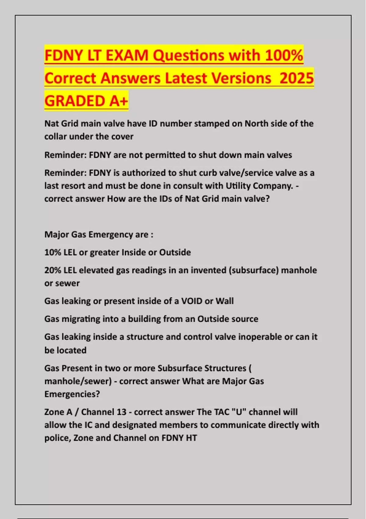FDNY LT EXAM Questions with 100- Correct Answers Latest Versions 2025 ...