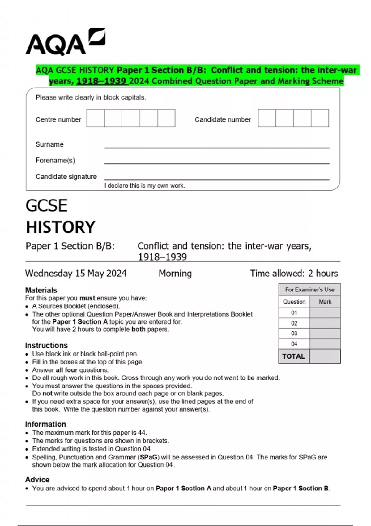 AQA GCSE HISTORY Paper 1 Section B/B: Conflict and tension: the inter ...