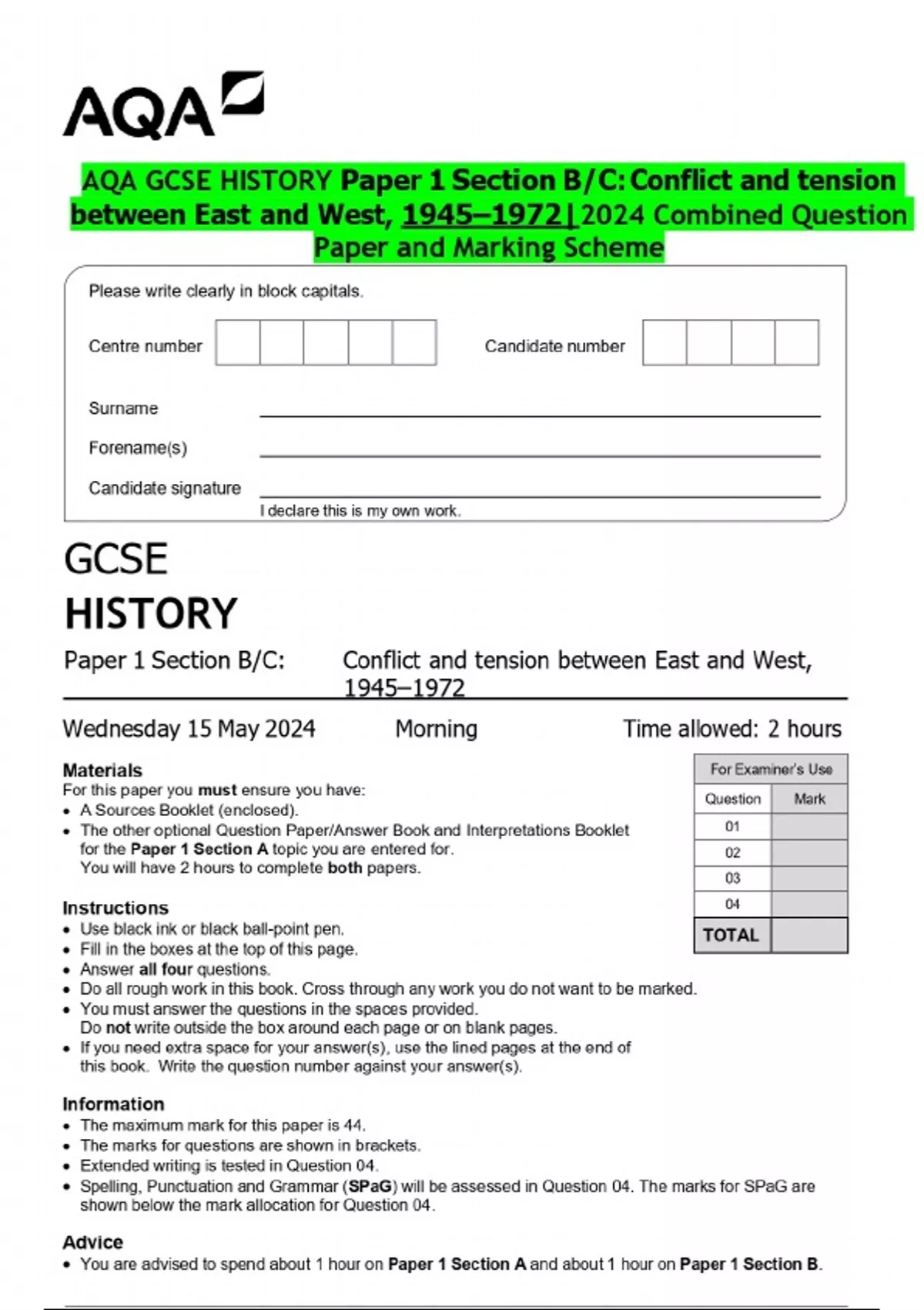 AQA GCSE HISTORY Paper 1 Section B/C: Conflict and tension between East ...