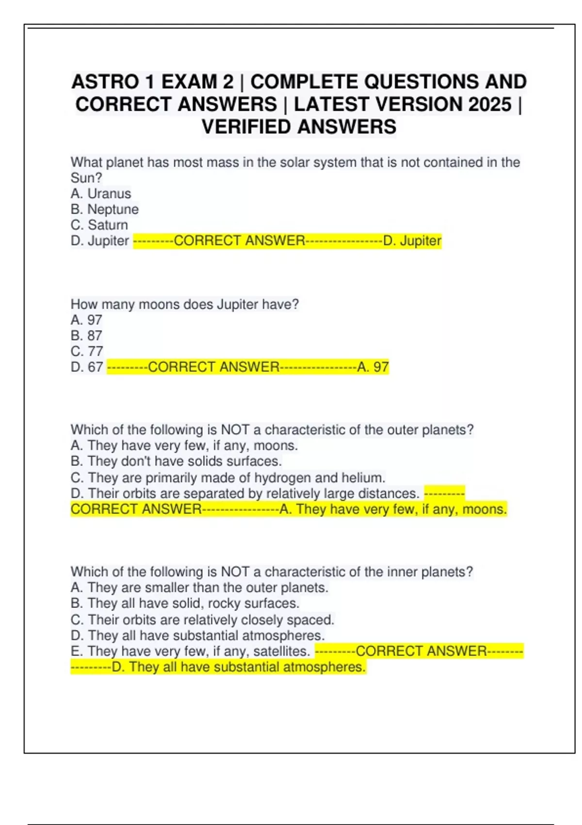 ASTRO 1 EXAM 2 | COMPLETE QUESTIONS AND CORRECT ANSWERS | LATEST ...