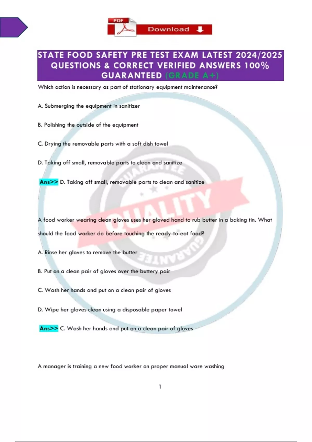 STATE FOOD SAFETY PRE TEST EXAM LATEST 2024/2025 QUESTIONS & CORRECT ...