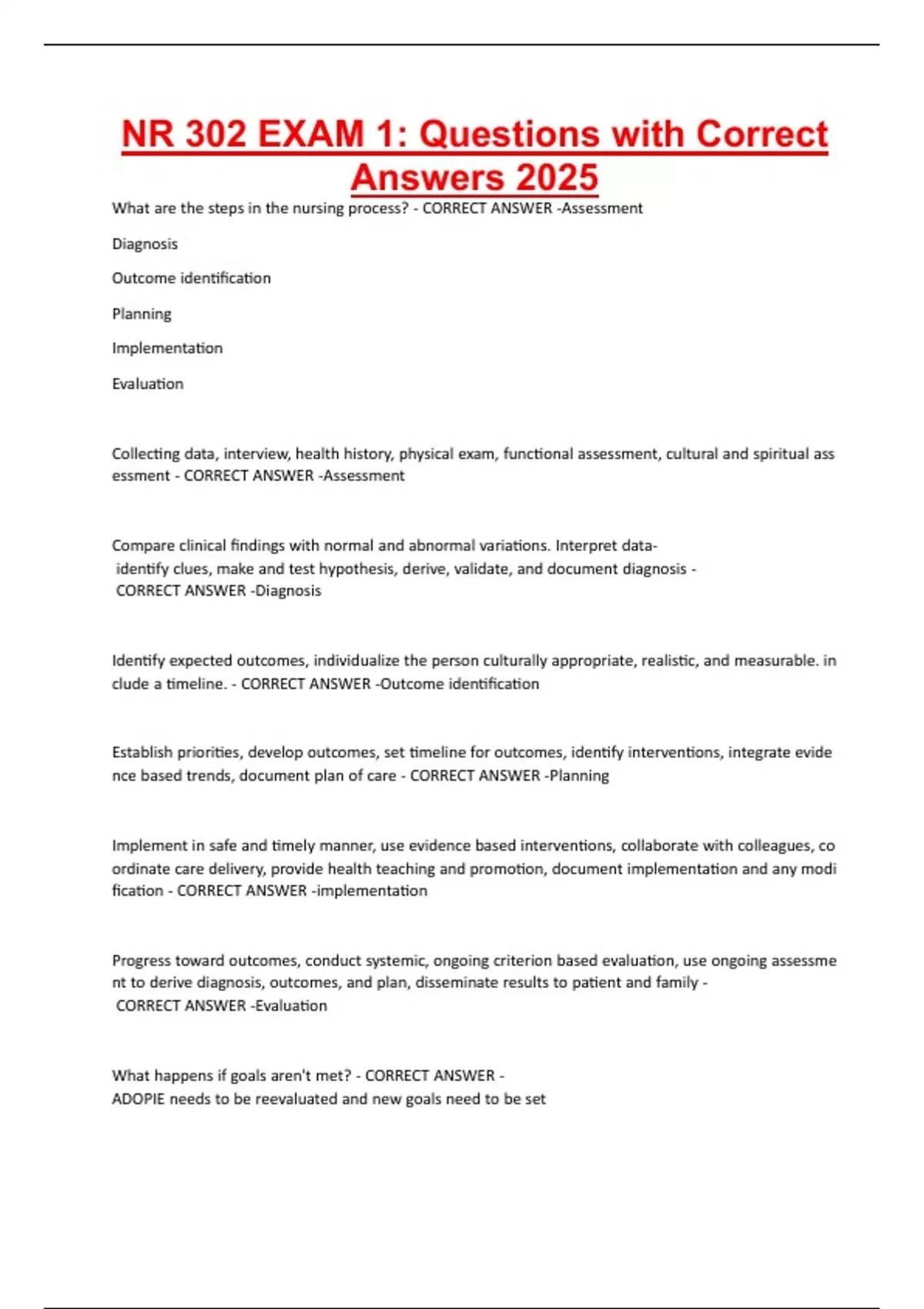 NR 302 EXAM 1: Questions with Correct Answers 2025 - NR 302 - Stuvia US