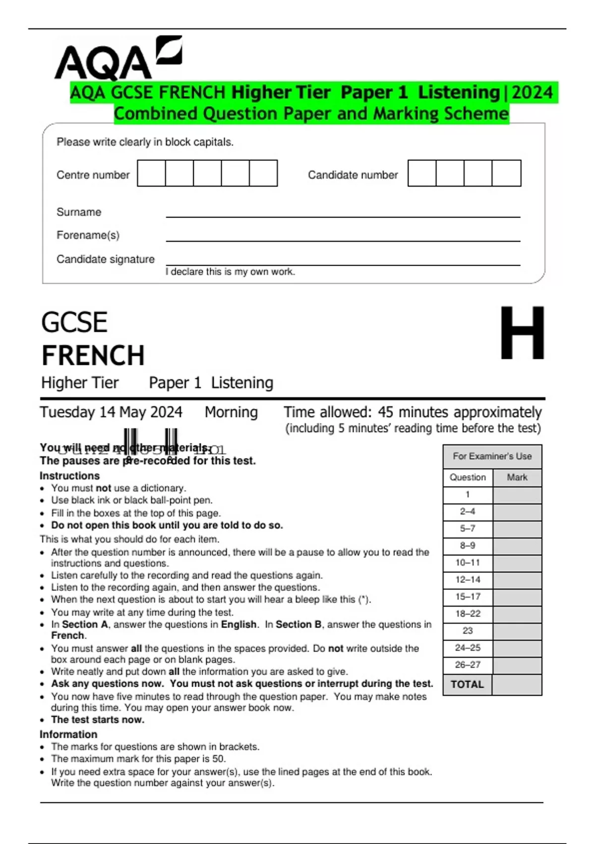 AQA GCSE FRENCH Higher Tier Paper 1 Listening|2024 Combined Question ...