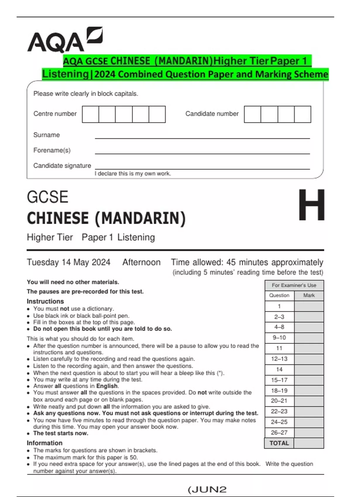 AQA GCSE CHINESE (MANDARIN)Higher Tier Paper 1 Listening|2024 Combined ...
