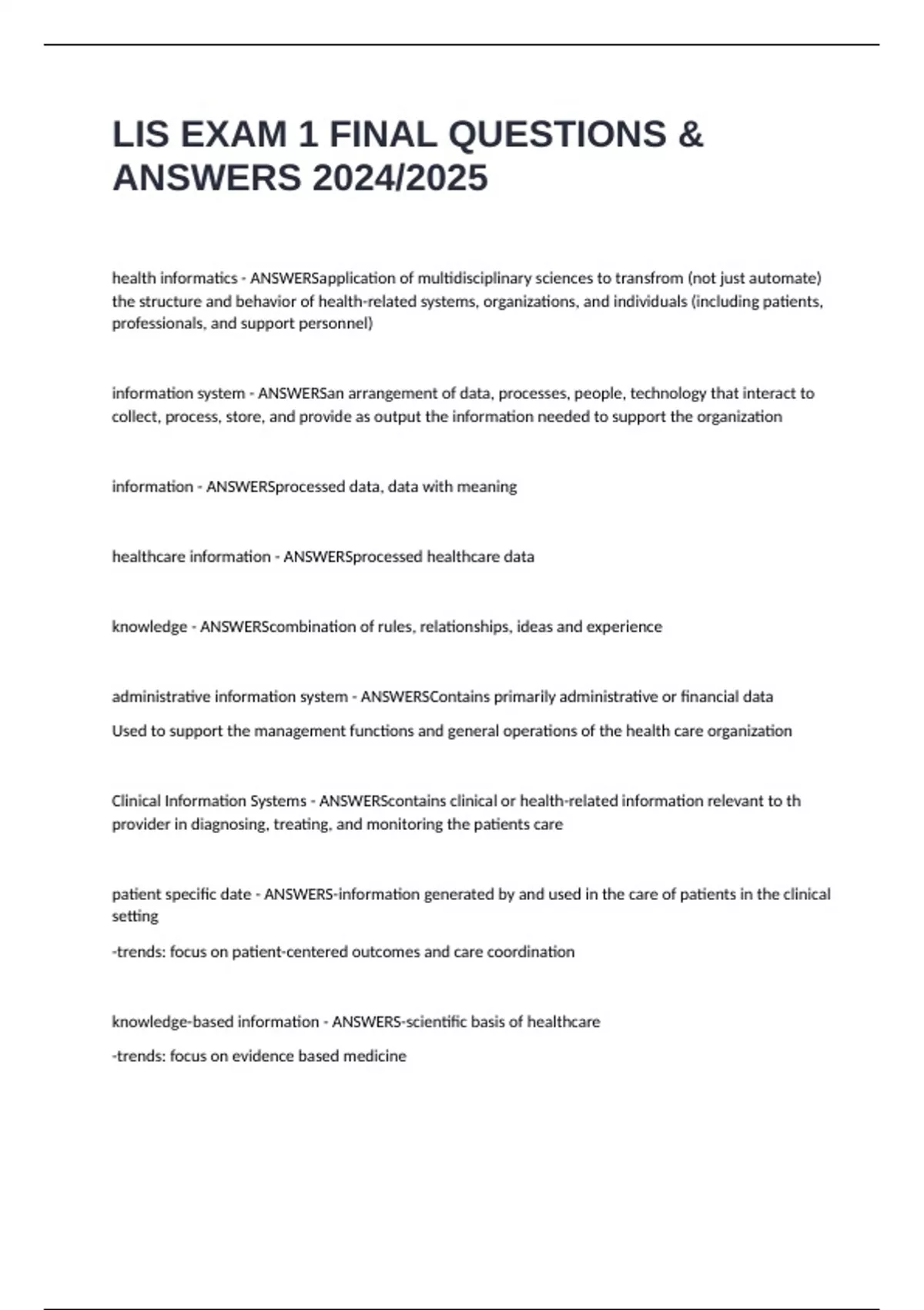 LIS EXAM 1 FINAL QUESTIONS & ANSWERS 2024/2025 - LIS - Stuvia US