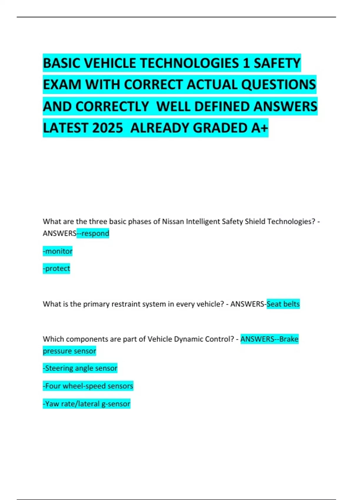 BASIC VEHICLE TECHNOLOGIES 1 SAFETY EXAM WITH CORRECT ACTUAL QUESTIONS ...
