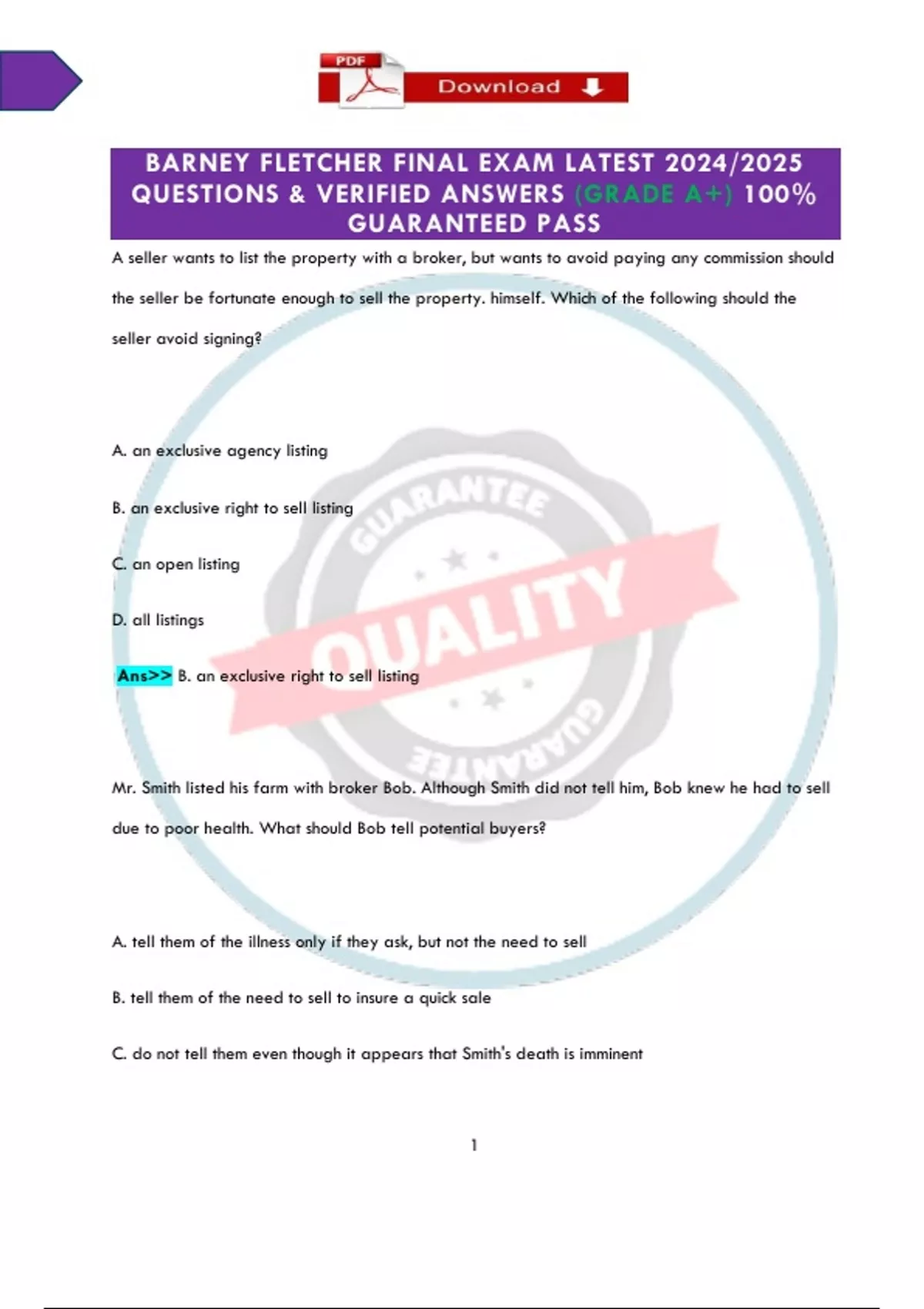 BARNEY FLETCHER FINAL EXAM LATEST 2024/2025 QUESTIONS & VERIFIED ...