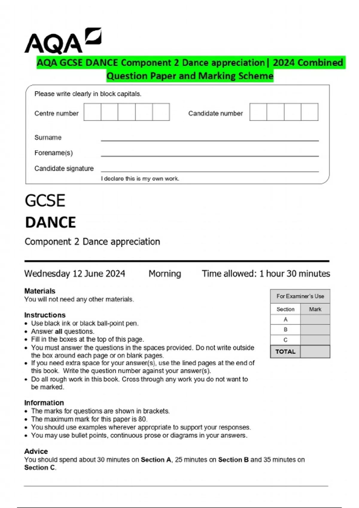 AQA GCSE DANCE Component 2 Dance appreciation| 2024 Combined Question ...
