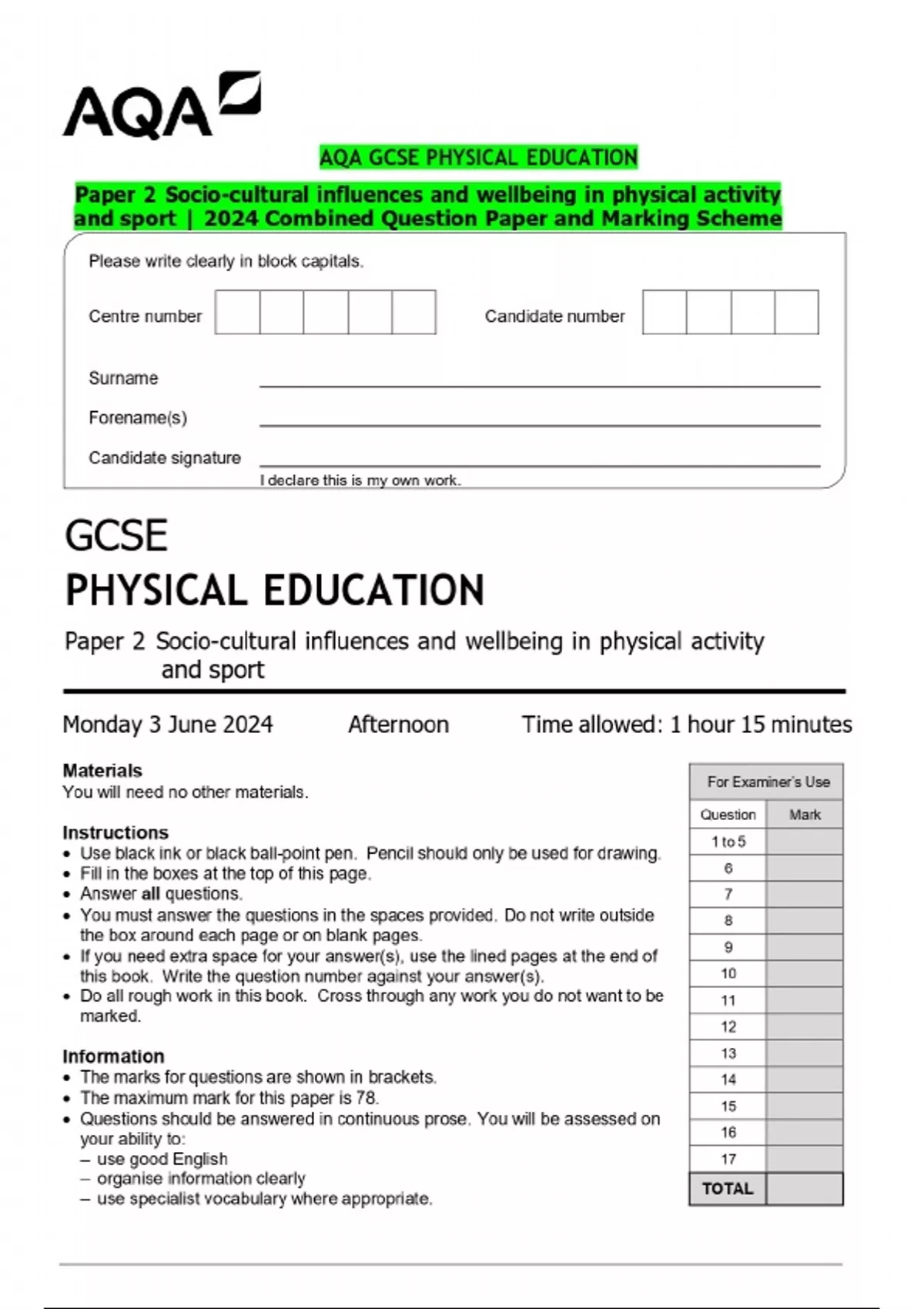 AQA GCSE PHYSICAL EDUCATION Paper 2 Socio-cultural influences and ...