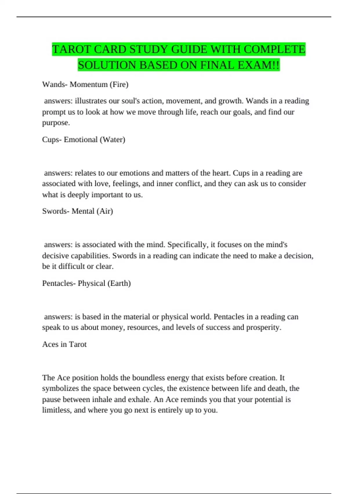 TAROT CARD STUDY GUIDE WITH COMPLETE SOLUTION BASED ON FINAL EXAM ...
