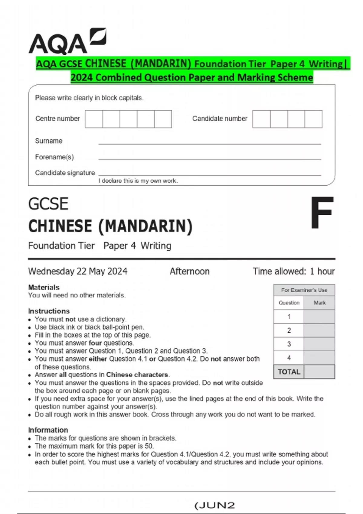 AQA GCSE CHINESE (MANDARIN) Foundation Tier Paper 4 Writing| 2024 ...