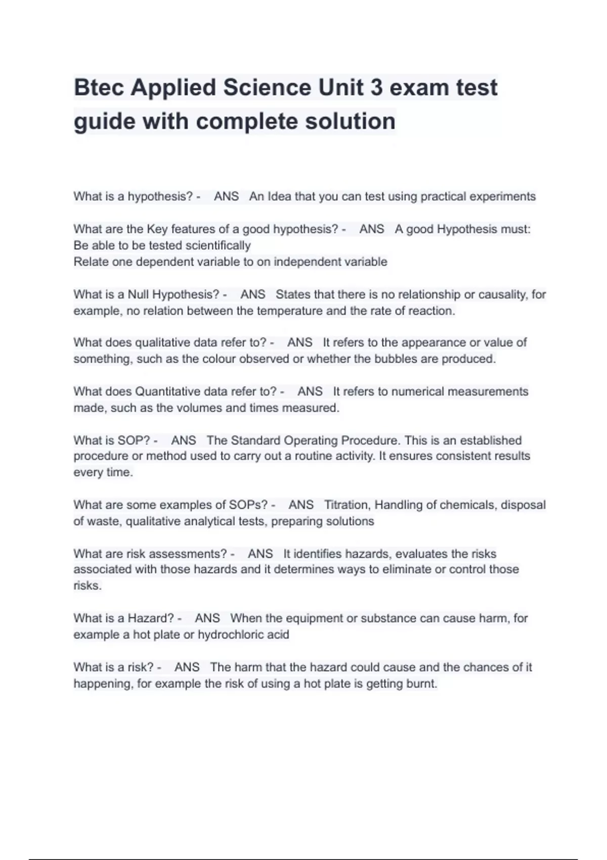 Btec Applied Science Unit 3 exam test guide with complete solution ...