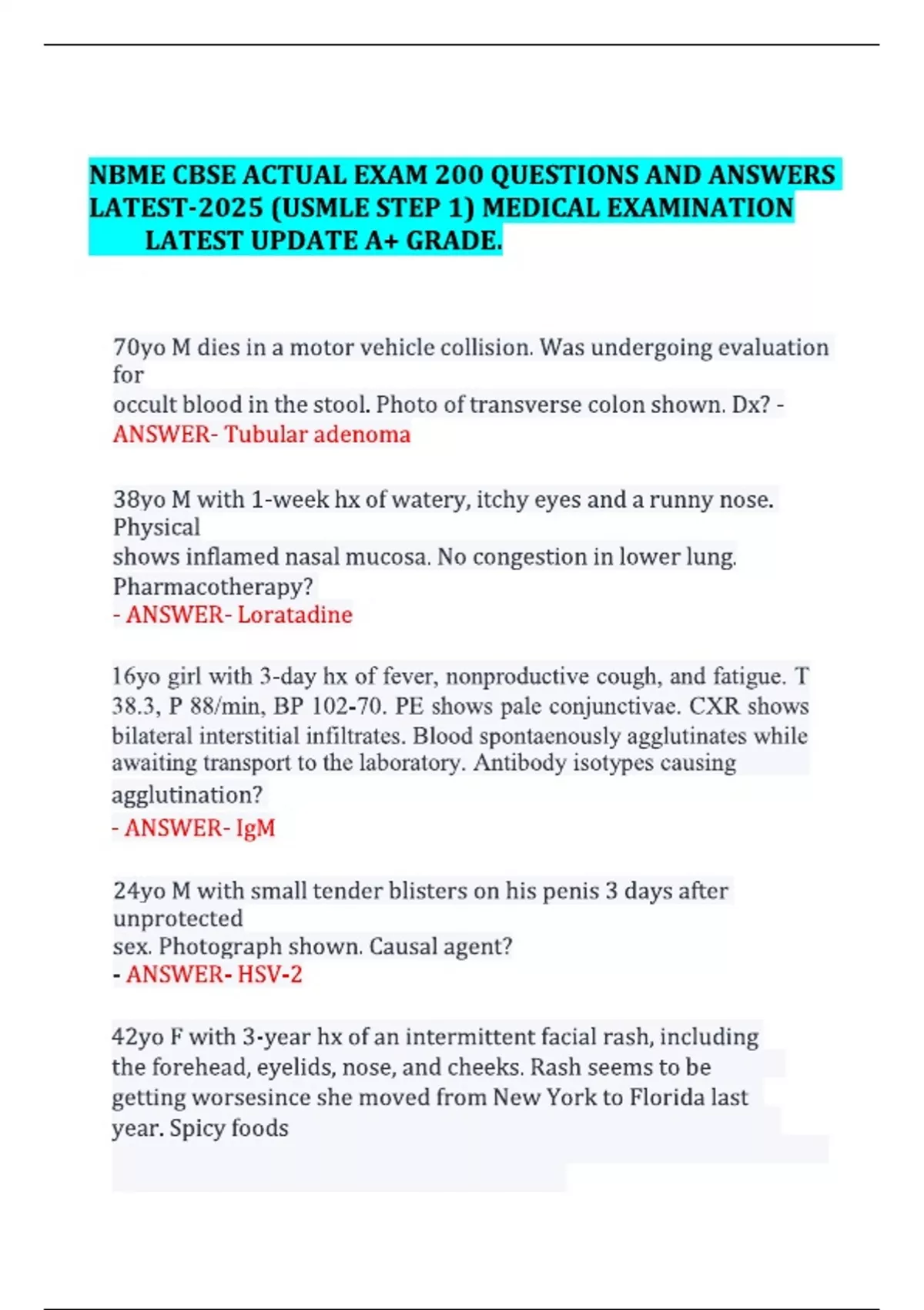 NBME CBSE ACTUAL EXAM 200 QUESTIONS AND ANSWERS LATEST-2025 (USMLE STEP ...