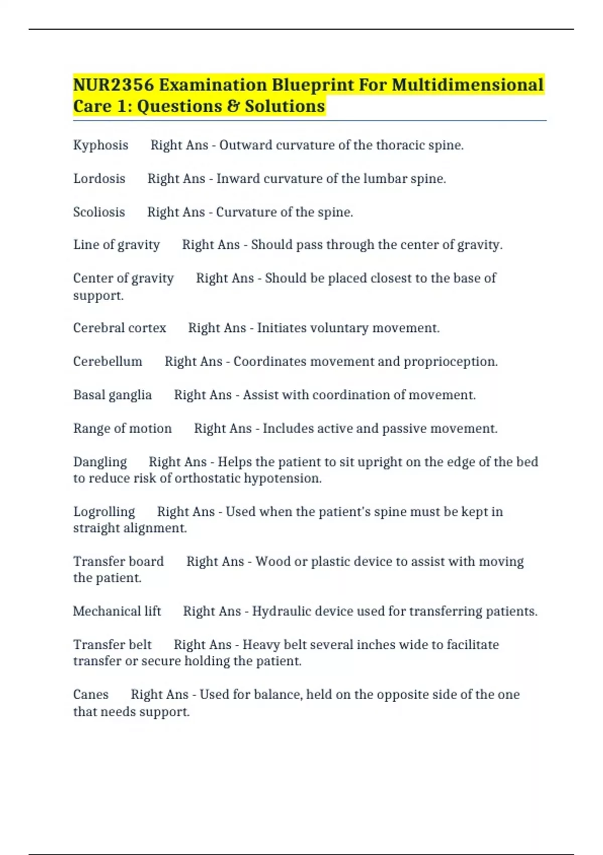 NUR2356 Examination Blueprint For Multidimensional Care 1: Questions ...