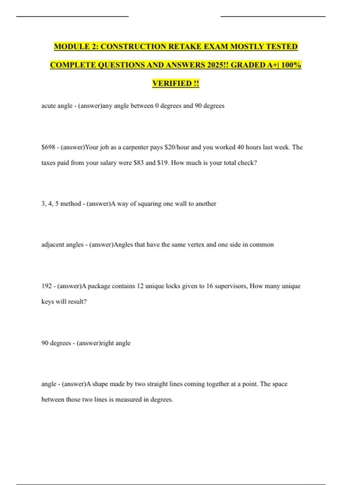 MODULE 2: CONSTRUCTION RETAKE EXAM MOSTLY TESTED COMPLETE QUESTIONS AND ...
