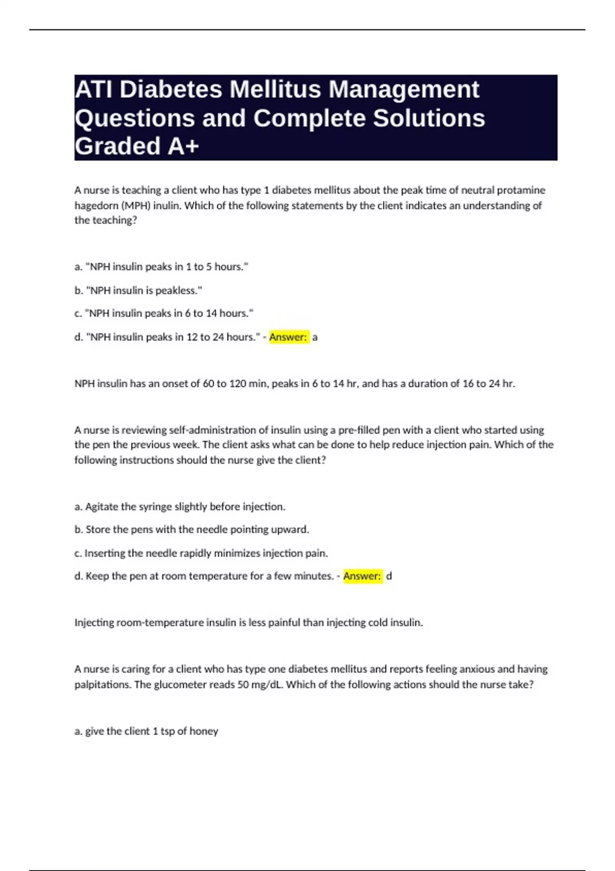 ATI Diabetes Mellitus Management Questions and Complete Solutions ...