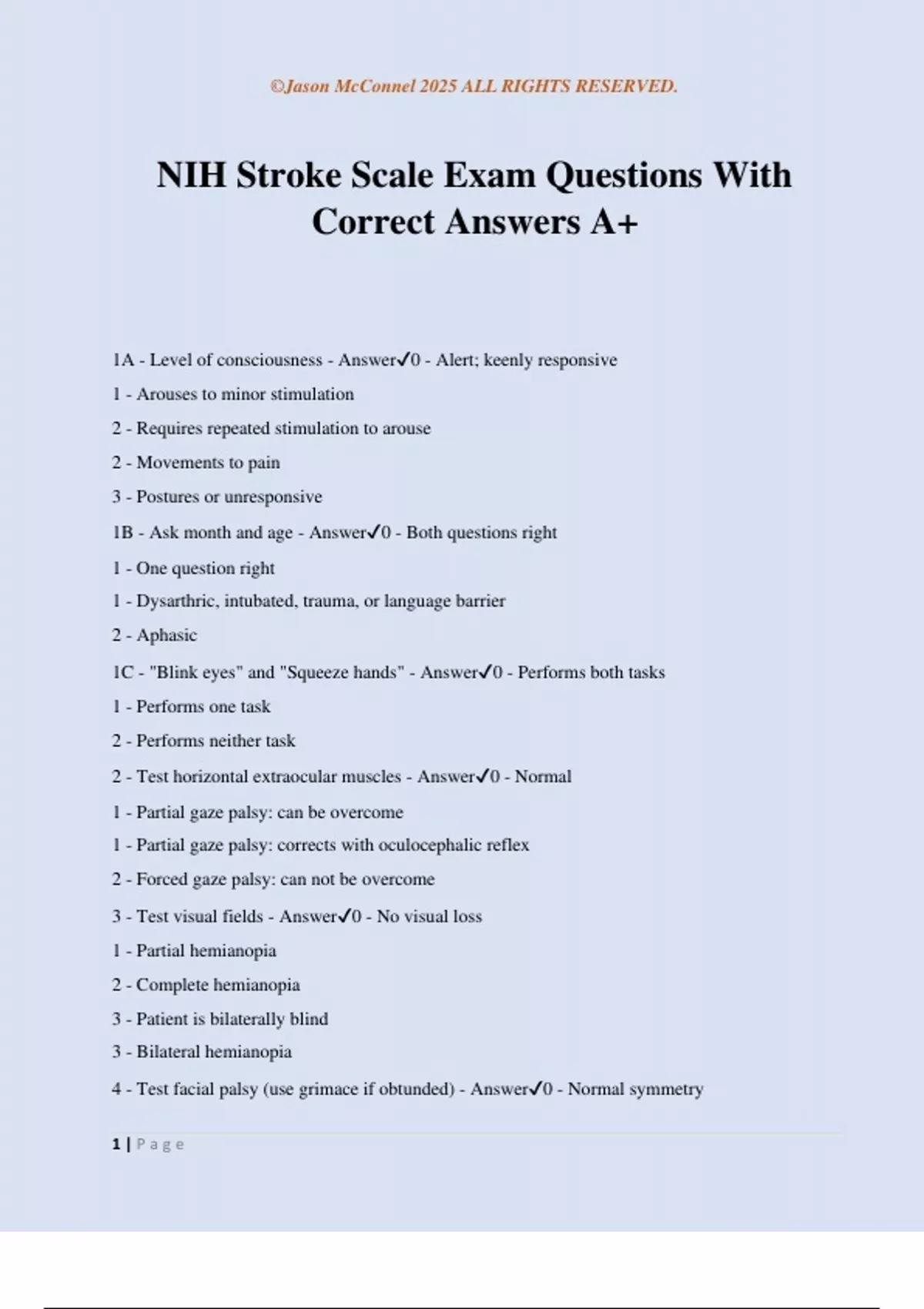 NIH Stroke Scale Exam Questions With Correct Answers A+ - NIH stroke ...