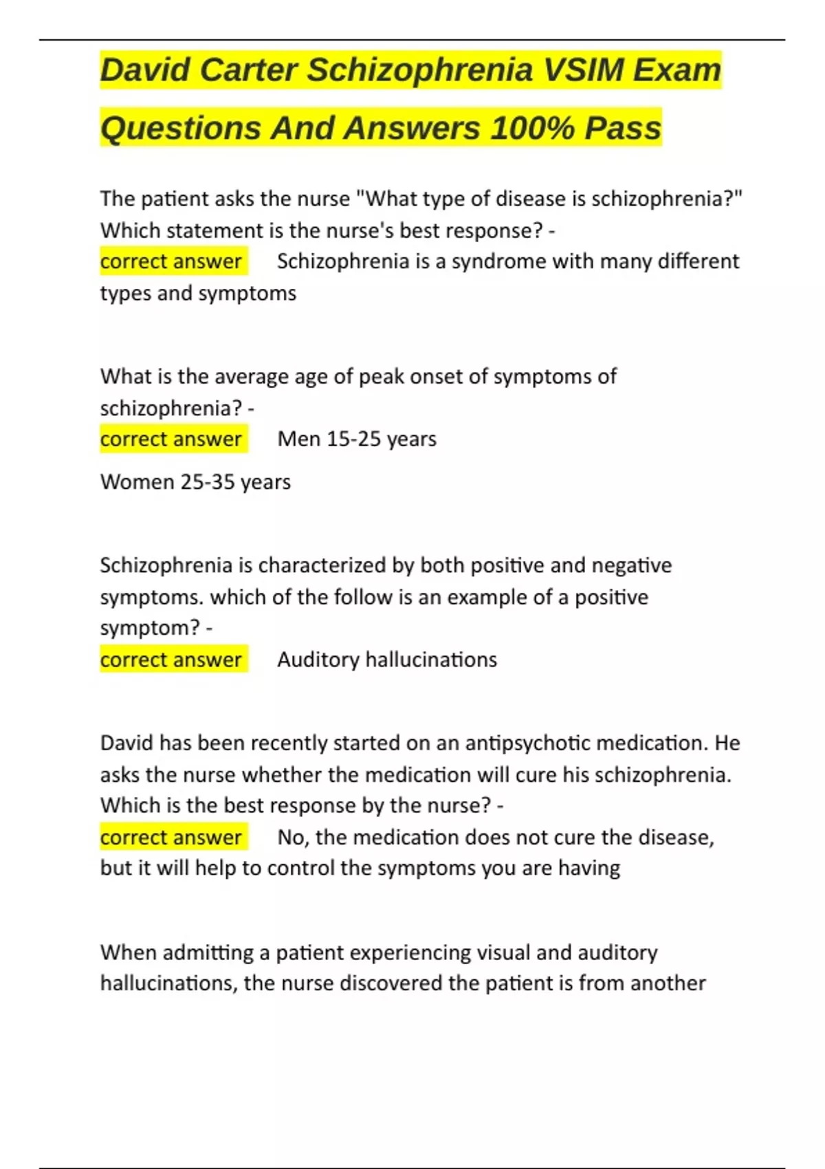 David Carter Schizophrenia VSIM Exam Questions And Answers 100- Pass ...