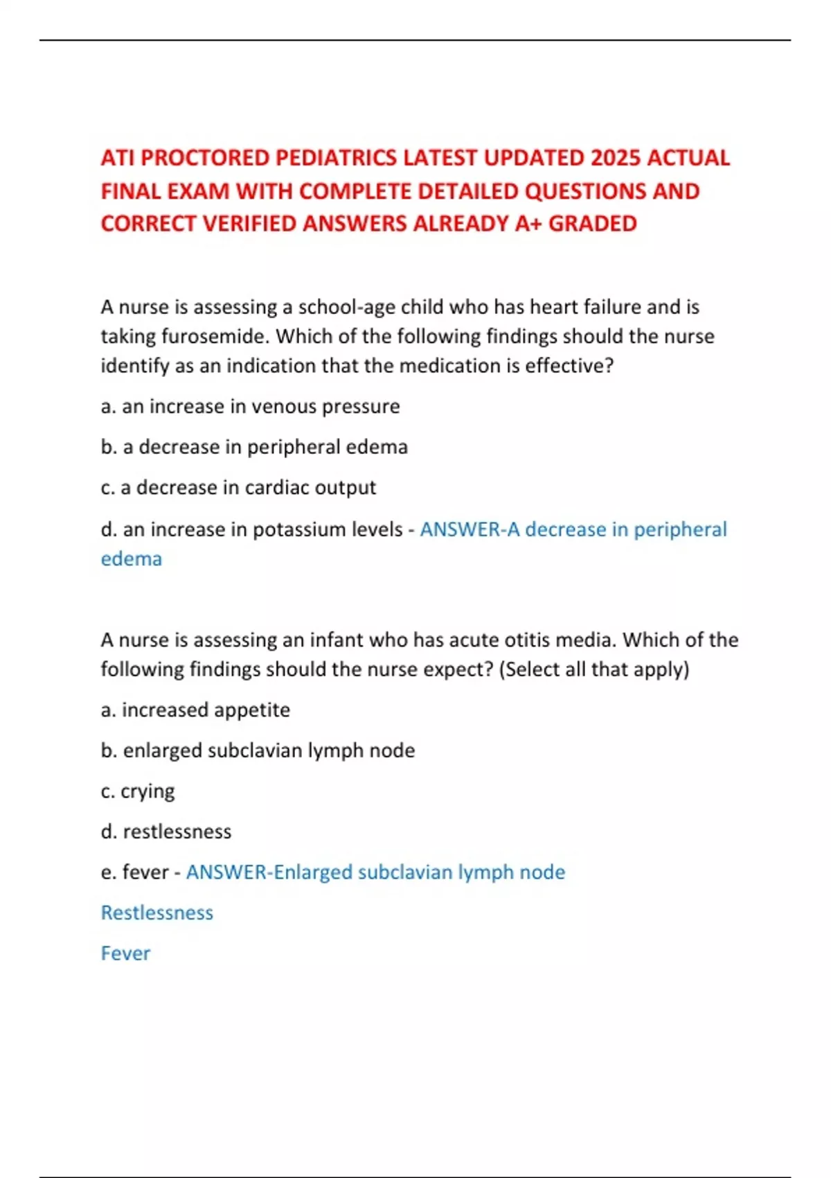 ATI PROCTORED PEDIATRICS LATEST UPDATED 2025 ACTUAL FINAL EXAM WITH ...