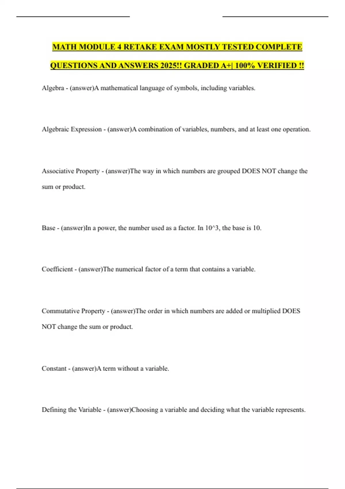 MATH MODULE 4 RETAKE EXAM MOSTLY TESTED COMPLETE QUESTIONS AND ANSWERS ...
