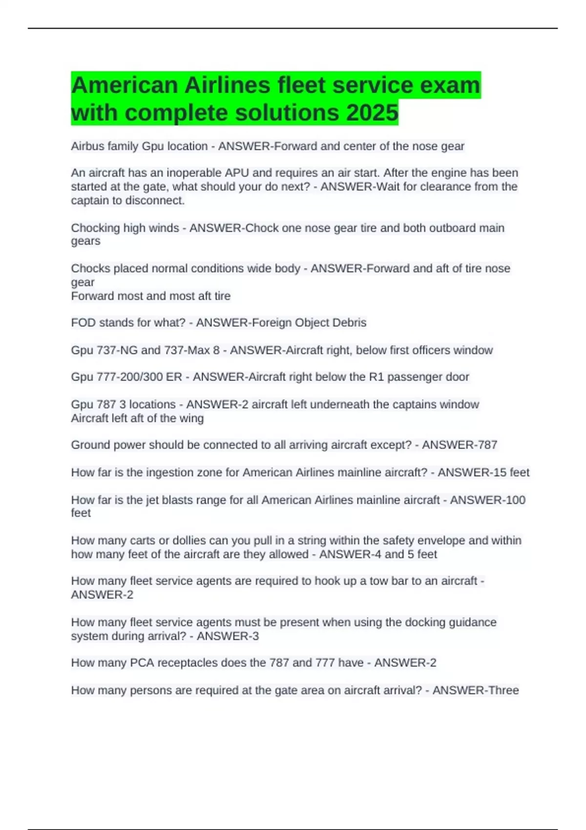 American Airlines fleet service exam with complete solutions 2025 ...