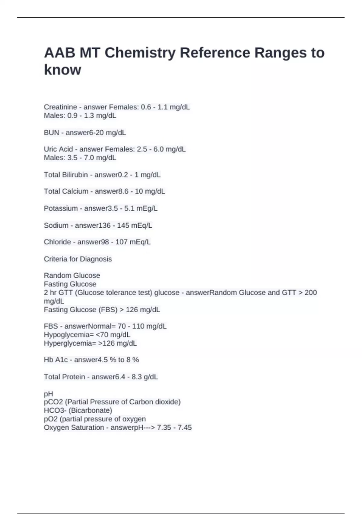 AAB MT Chemistry Reference Ranges to know Questions with Accurate ...