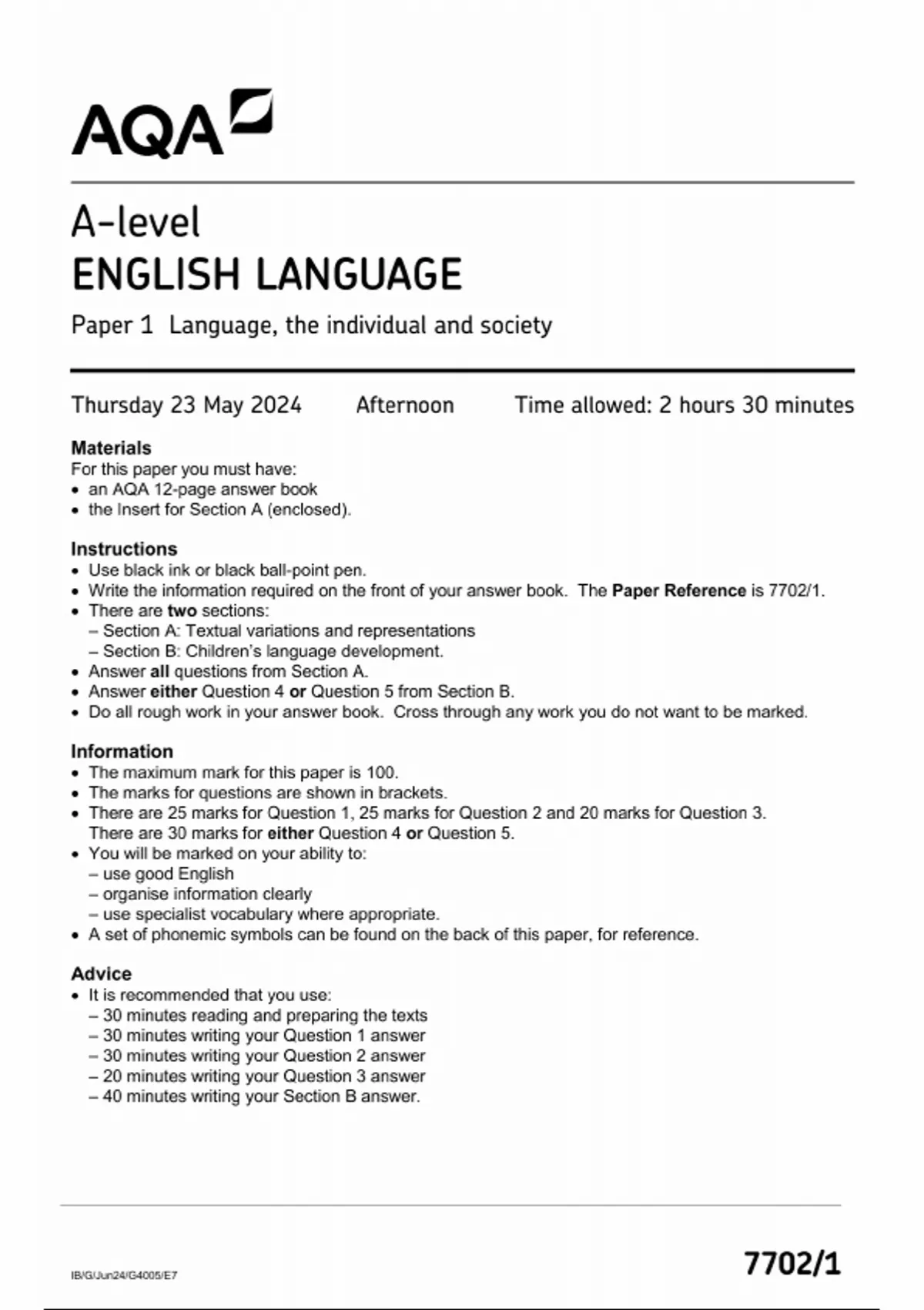 AQA A level ENGLISH LANGUAGE PAPER 1 QUESTION PAPER 2024 (7702/1) - AQA ...