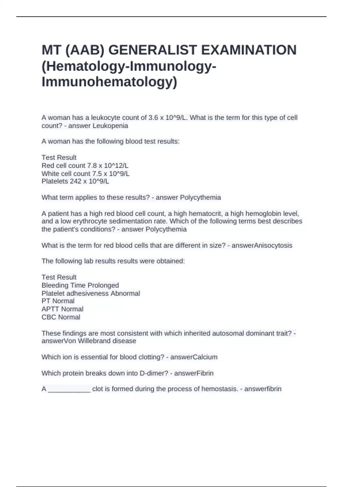 MT (AAB) GENERALIST EXAMINATION (Hematology-Immunology-Immunohematology ...