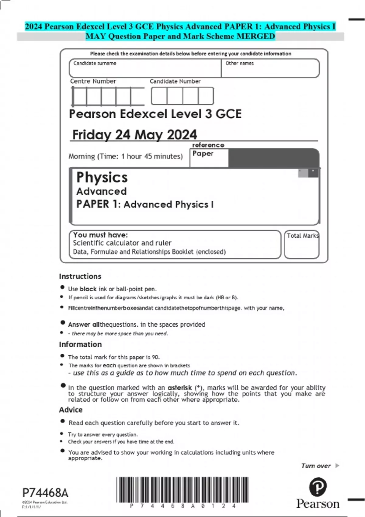 2024 Pearson Edexcel Level 3 GCE Physics Advanced PAPER 1: Advanced ...