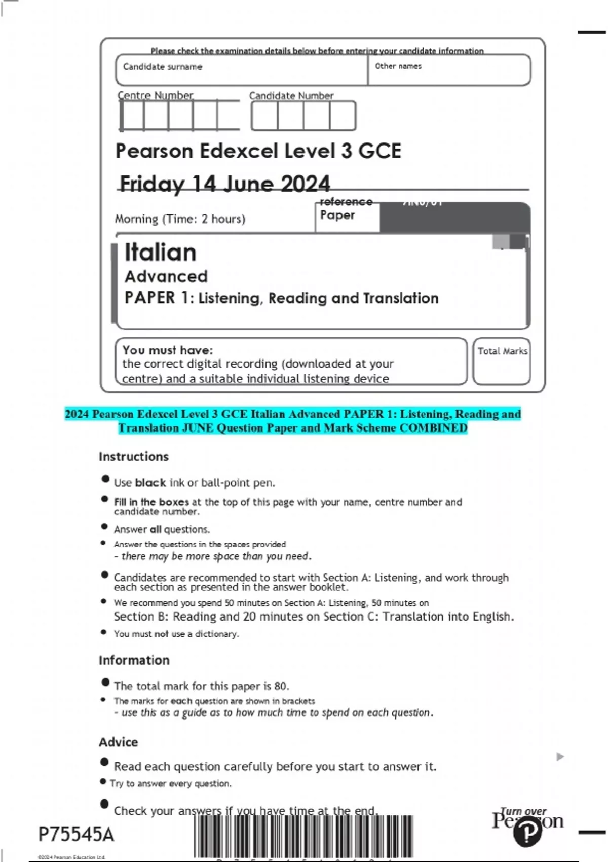 2024 Pearson Edexcel Level 3 GCE Italian Advanced PAPER 1: Listening ...