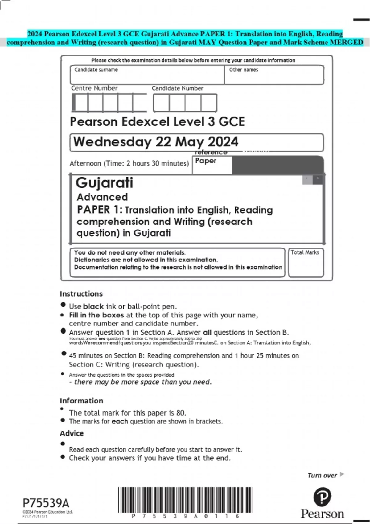 2024 Pearson Edexcel Level 3 GCE Gujarati Advance PAPER 1: Translation ...