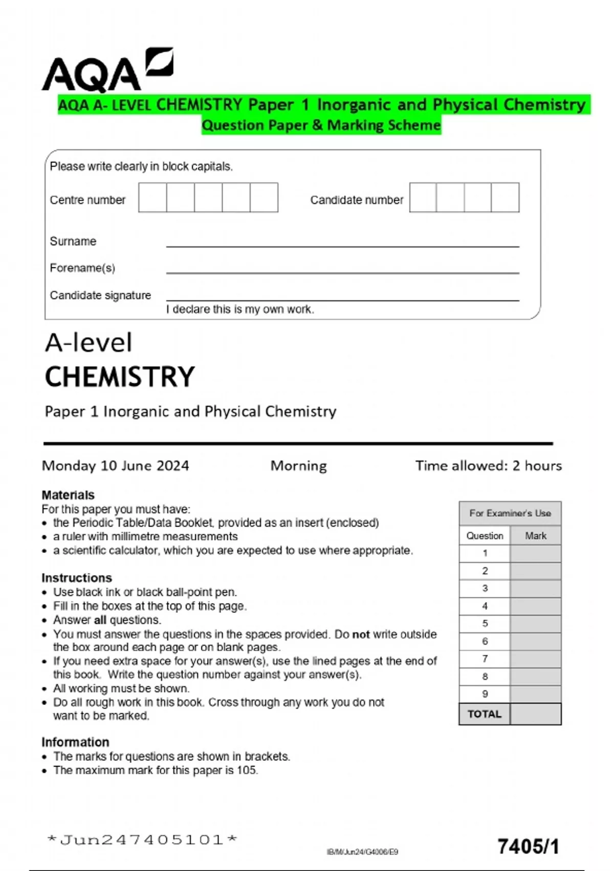 AQA A- LEVEL CHEMISTRY Paper 1 Inorganic and Physical Chemistry ...
