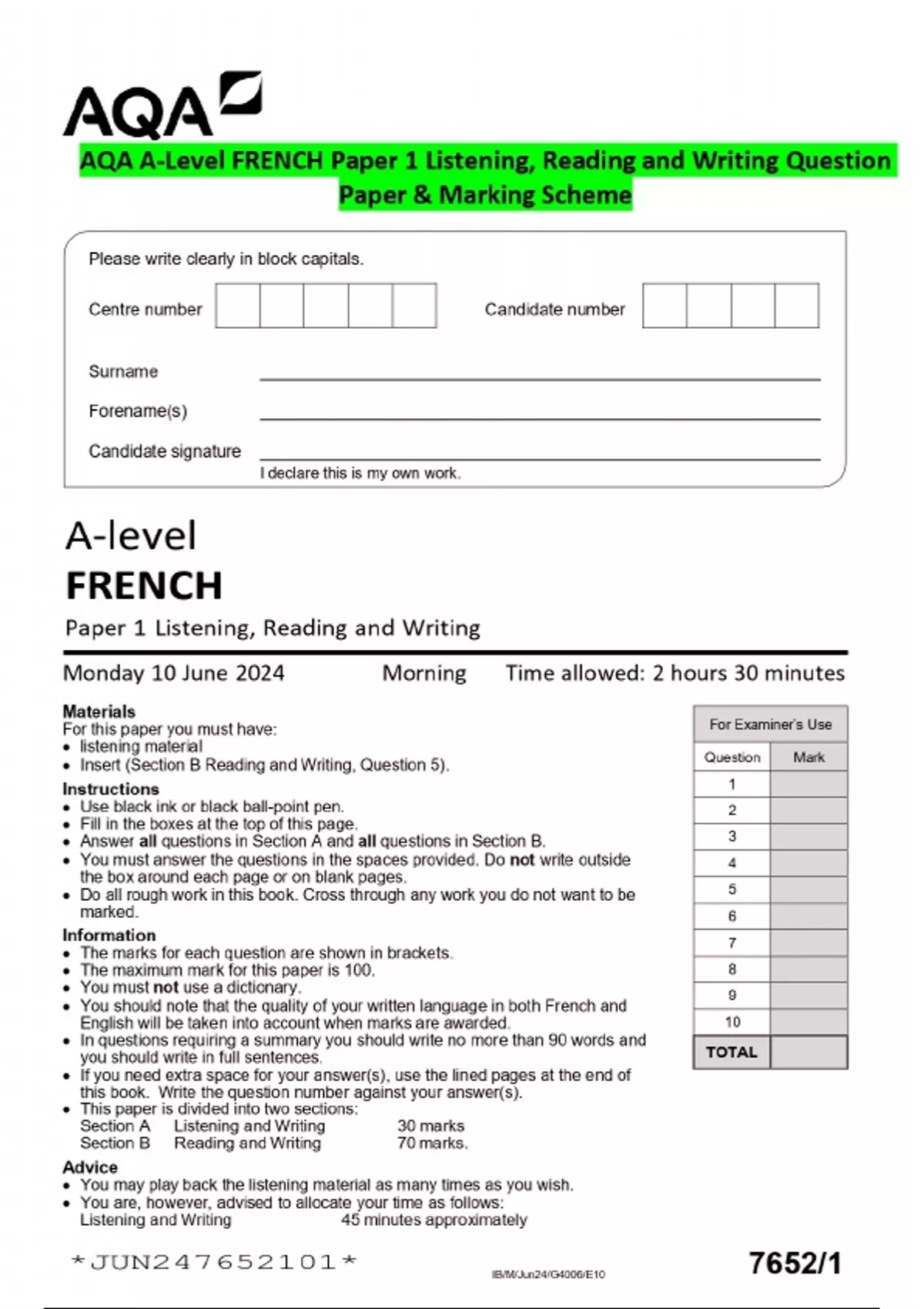 AQA A-Level FRENCH Paper 1 Listening, Reading and Writing Question ...