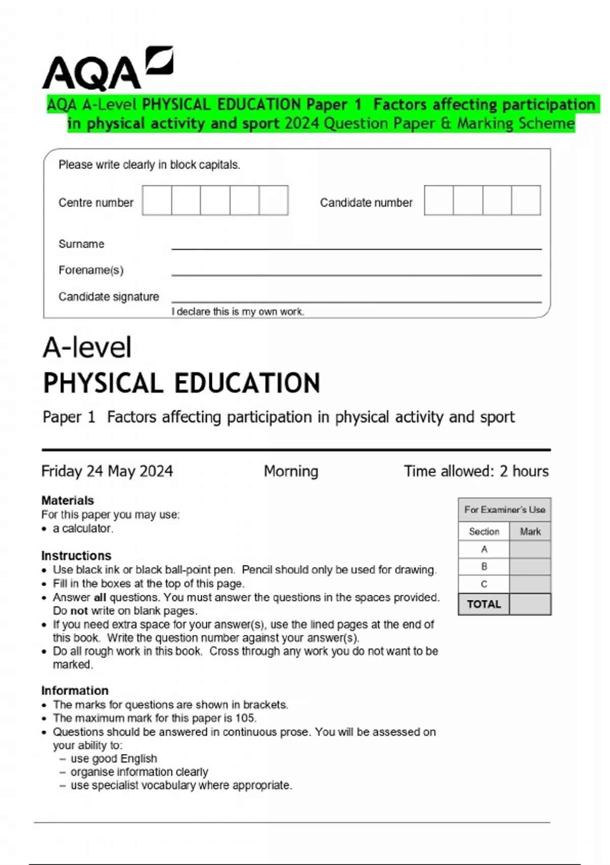AQA A-Level PHYSICAL EDUCATION Paper 1 Factors affecting participation ...