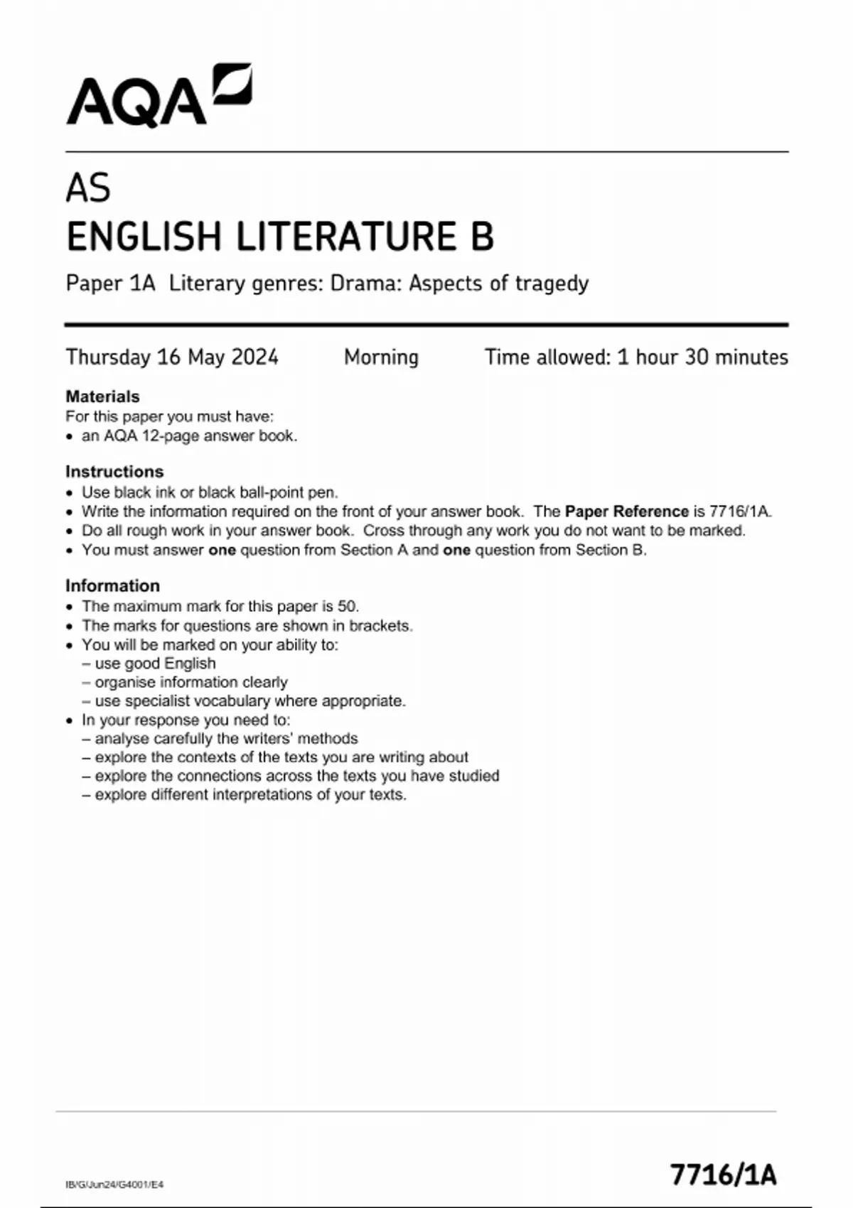 AQA A level ENGLISH LITERATURE B PAPER 1a question PAPER 2024 (7716/1a ...