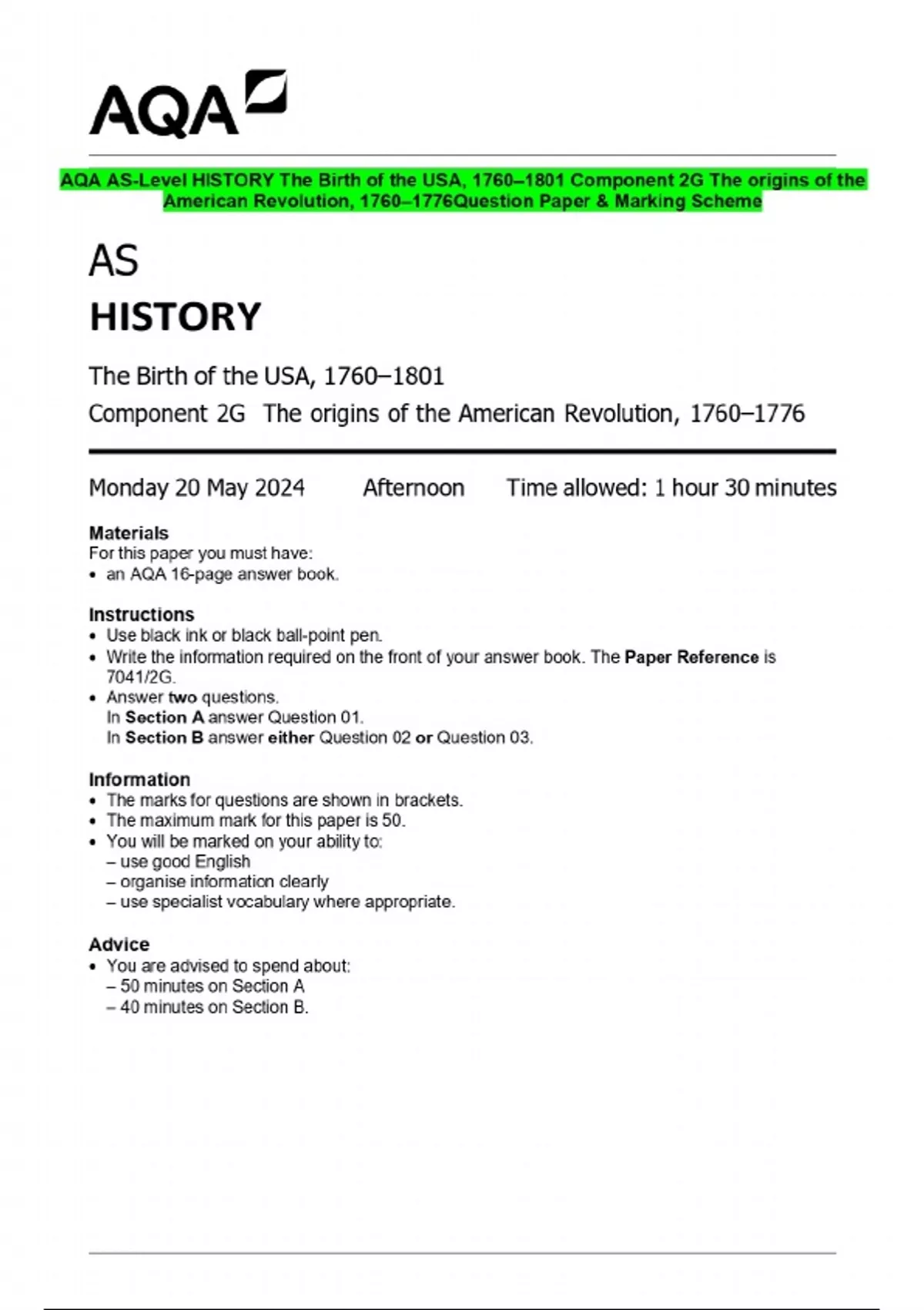 AQA AS-Level HISTORY The Birth of the USA, 1760–1801 Component 2G The ...