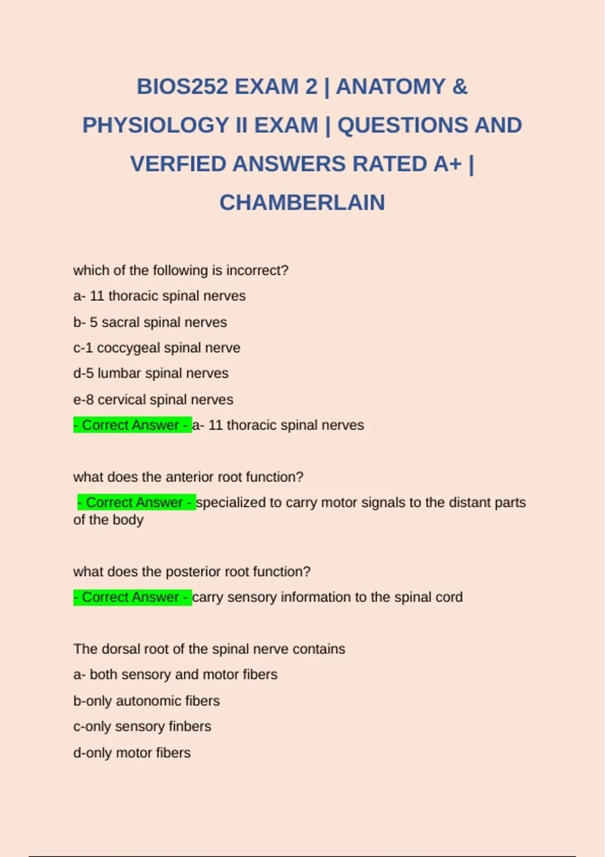 BIOS252 EXAM 2 | ANATOMY & PHYSIOLOGY II EXAM | QUESTIONS AND VERFIED ...
