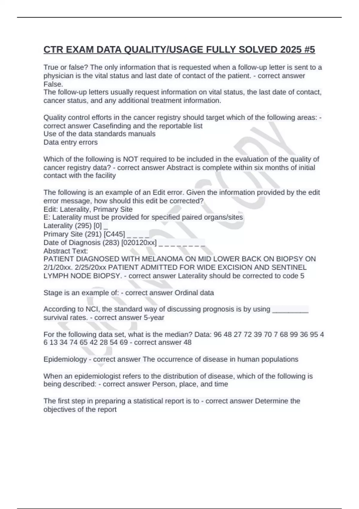 CTR EXAM DATA QUALITY-USAGE FULLY SOLVED 2025 -5 - CTR - Stuvia US
