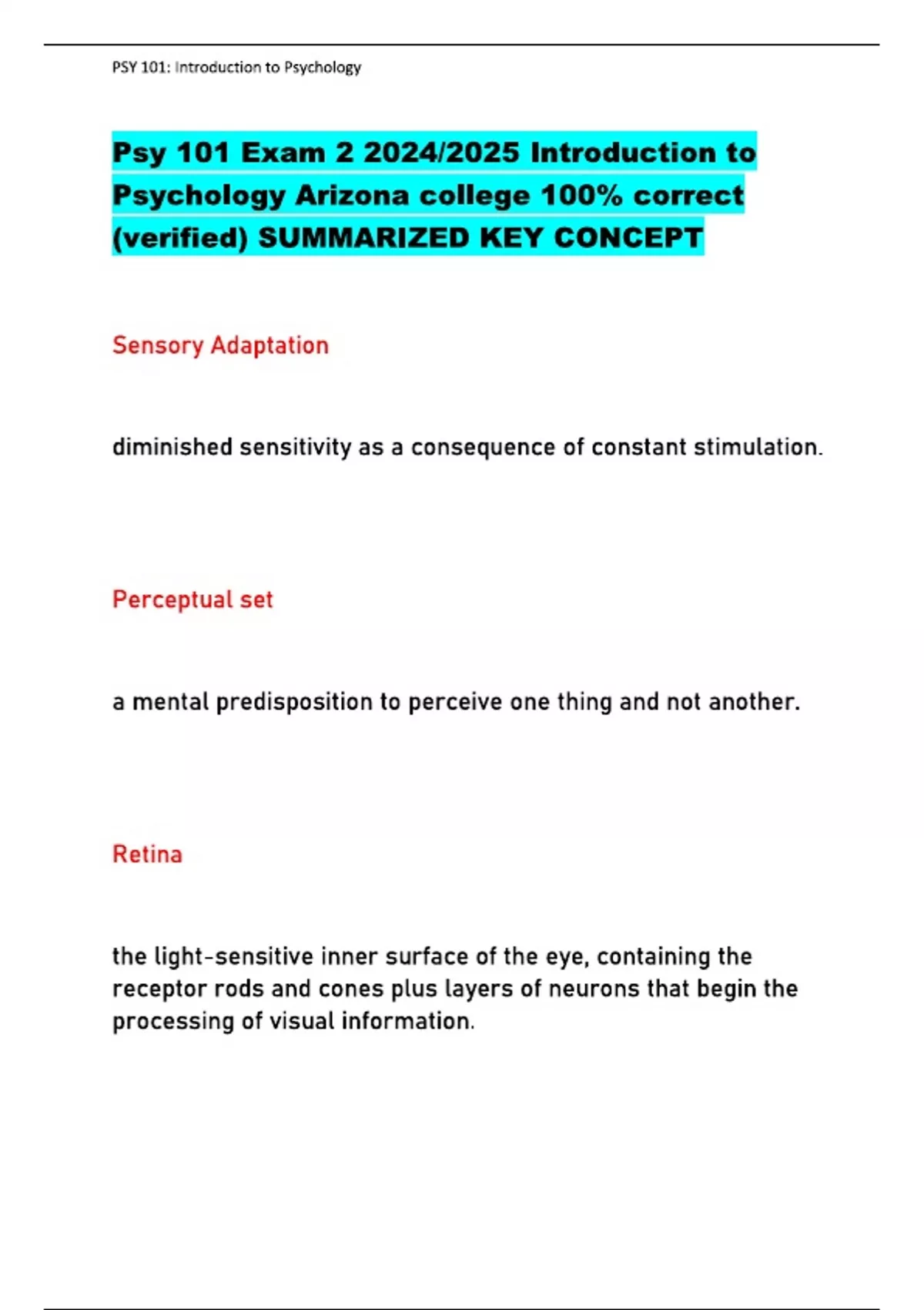 Psy 101 Exam 2 2024/2025 Introduction to Psychology Arizona college 100 ...