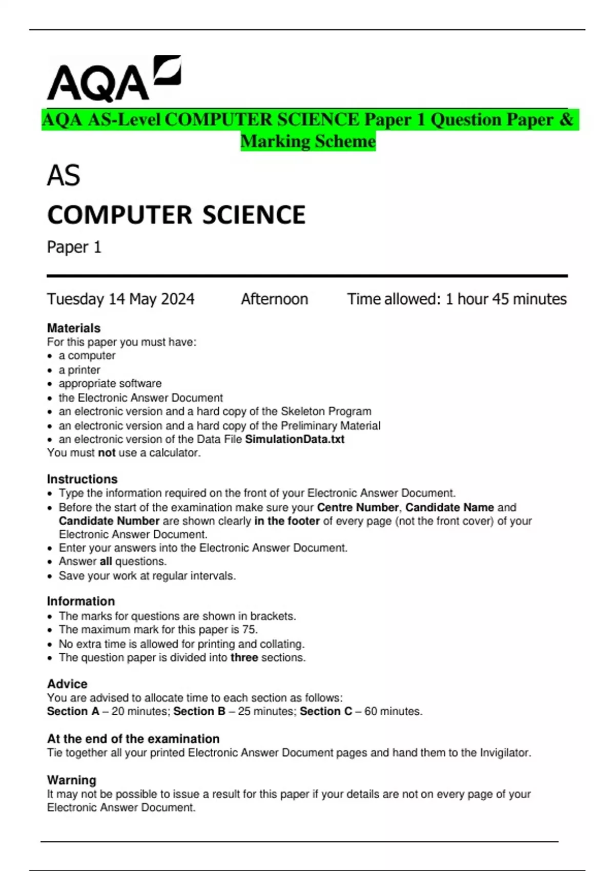 AQA AS-Level COMPUTER SCIENCE Paper 1 Question Paper & Marking Scheme - AQA A LEVEL - Stuvia US