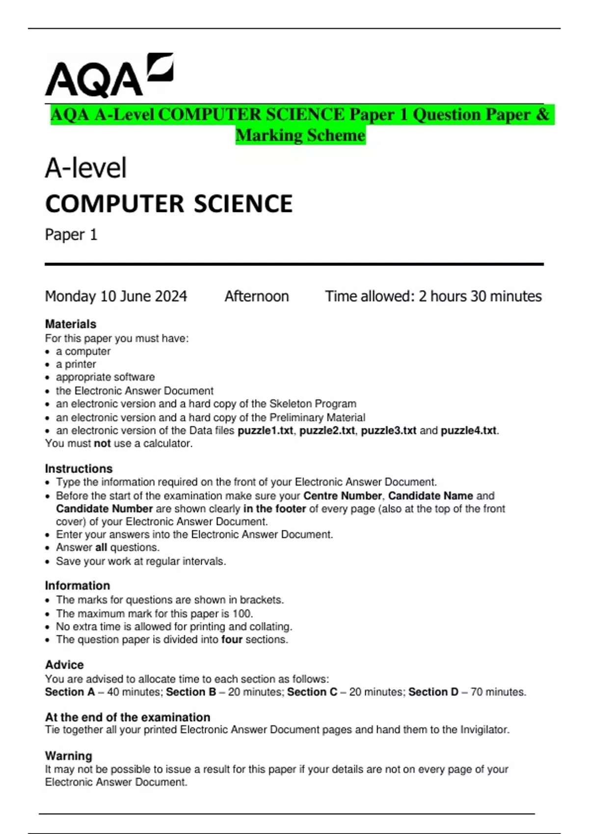 AQA A-Level COMPUTER SCIENCE Paper 1 Question Paper & Marking Scheme - AQA A LEVEL - Stuvia US