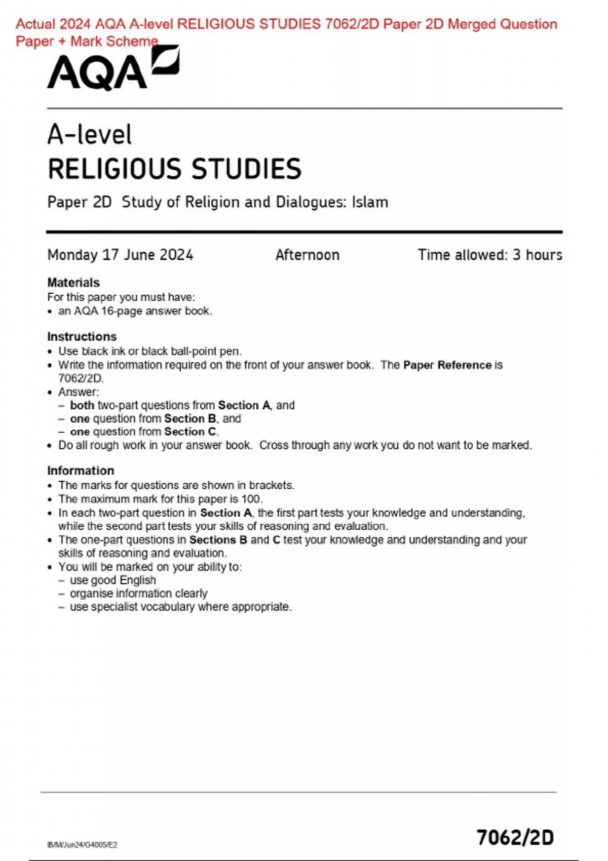 4. Actual 2024 AQA A-level RELIGIOUS STUDIES 7062/2D Paper 2D Merged ...